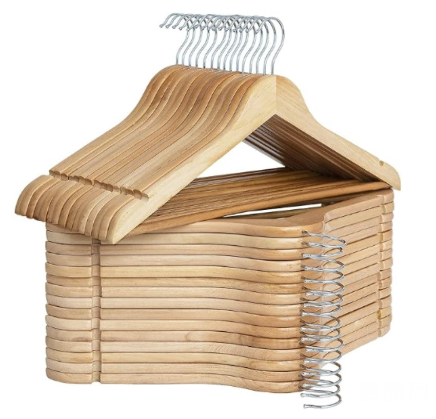 Solid Natural Wood Hangers - Round bar, Metal Clips, Anti-Theft ...